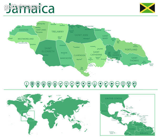 Jamaica detailed map and flag. Jamaica on world map. (1308006209) - 게티이미지뱅크