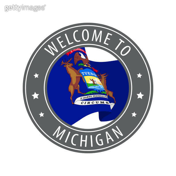 Welcome to Michigan. Gray stamp with a waving state flag. (1317507790 ...