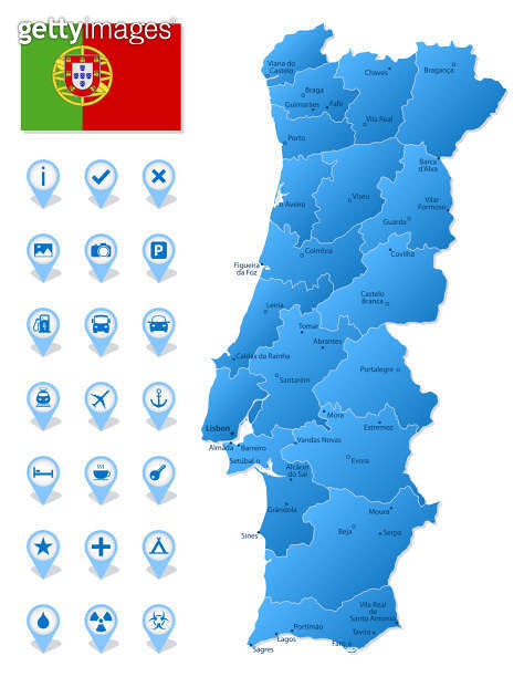 Blue map of Portugal administrative divisions with travel infographic ...