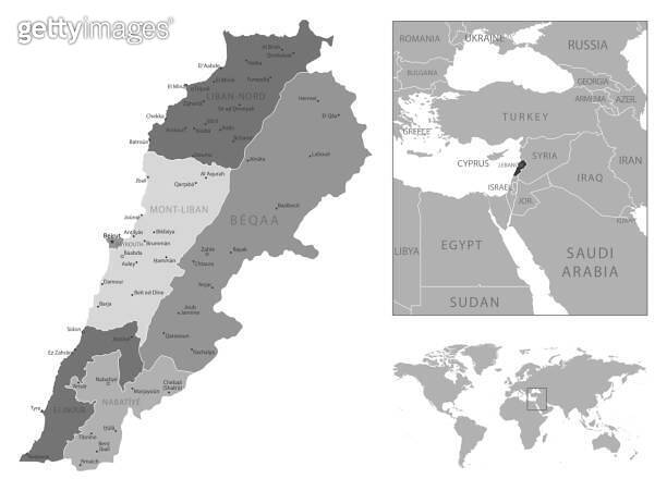 Lebanon - highly detailed black and white map. 이미지 (1349390745) - 게티이미지뱅크