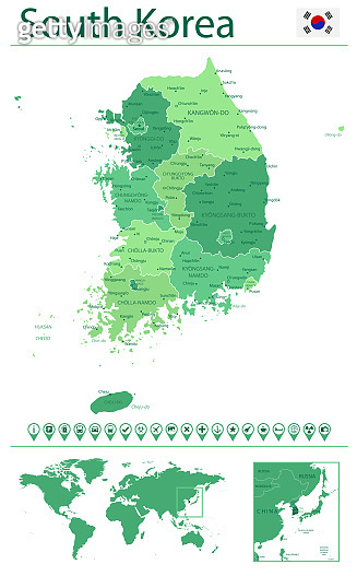 South Korea detailed map and flag. South Korea on world map. 이미지 ...