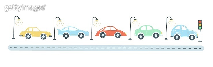 traffic jam from cars flat simple cartoon style hand drawing. vector ...
