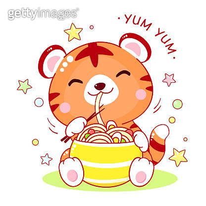Cute tiger eat ramen noodles 이미지 (1332177027) - 게티이미지뱅크