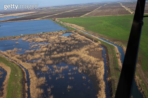 Fields, lakes and country roads at aerial photography. Bird eye view ...