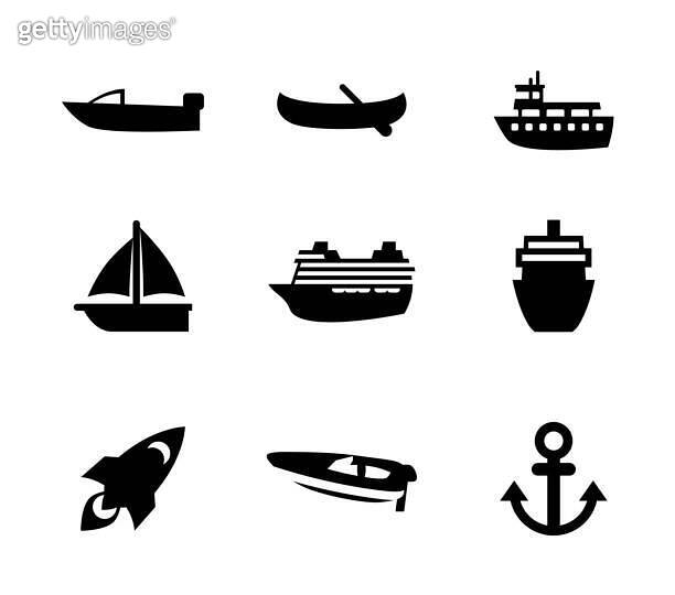 Water Transport vector icons set. Sailboat, speedboat, ferry, freight ...