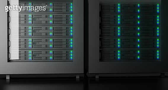 close up in Working Data Center Full of Rack Servers and Supercomputers ...