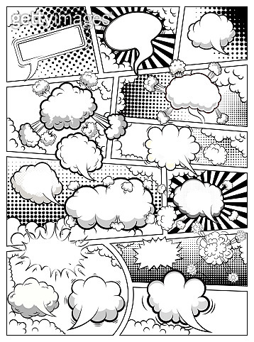 Comic book black and white page template divided by lines with speech ...