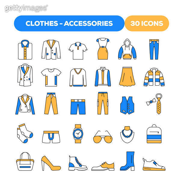Set of Clothes and Accessories Related Flat Line Icons. Outline Symbol ...