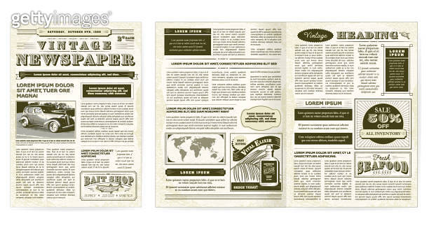 Vintage or old fashioned worn Newspaper layout includes front page and ...