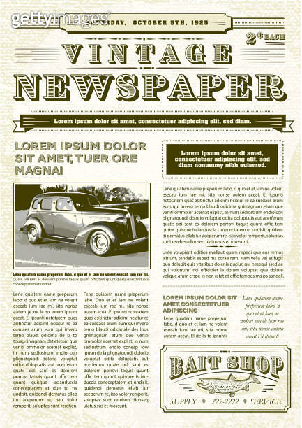 Vintage or old fashioned worn Newspaper layout includes front page with ...