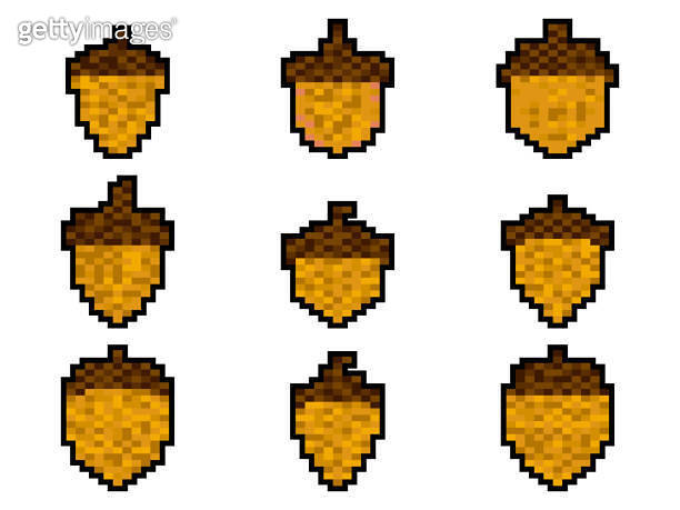 Acorn icon set isolated on white background, pixel art. 8 bit acorn ...