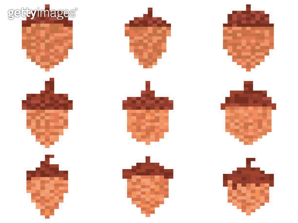 Acorn icon set isolated on white background, pixel art. 8 bit acorn ...