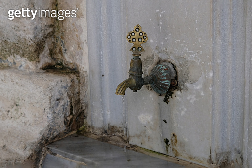 Ablution or wudhu station at mosque in Istanbul, Turkey. Faucets for ...