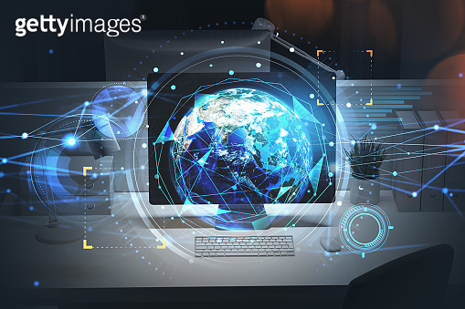 Blue futuristic hud interface with planet Earth over display screen of ...