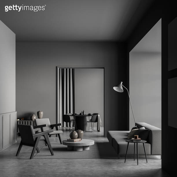 Grey living room with dining table on background. Seating arrangement ...