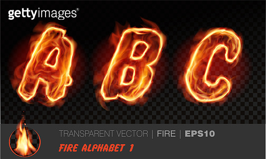 Alphabet of fire. Transparent realistic vector on dark background ...