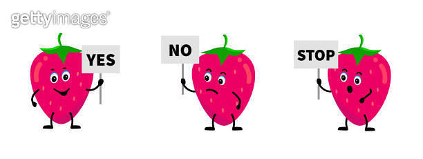 Cartoon character strawberry berries, holding a sign with words NO ...