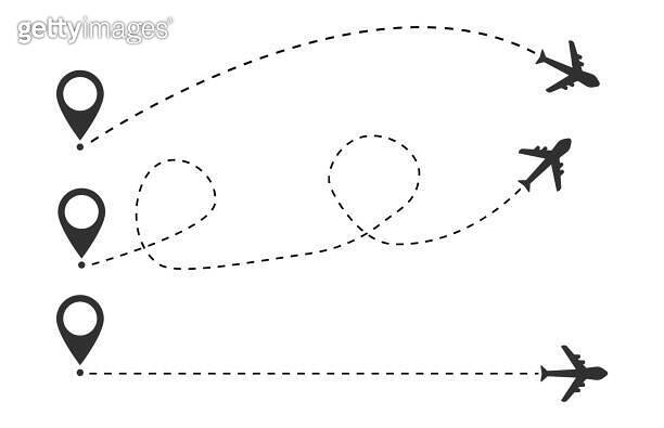 Plane line path. Airplane directional pathway, map dotted trail and fly ...