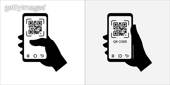 QR code mobile phone scan illustration. Hand holding phone scanning QR ...