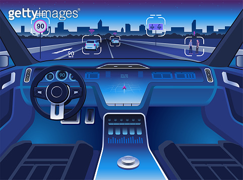Autonomous driverless car interior with digital dashboard, HUD display ...