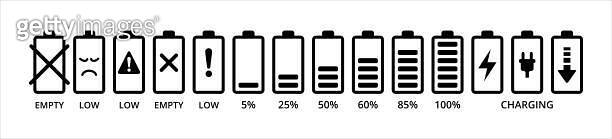 Battery icon set. Battery capacity icon. Battery percentage level signs ...
