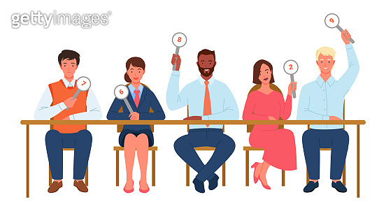 Contest judges, people committee judging with sign card scorecards ...