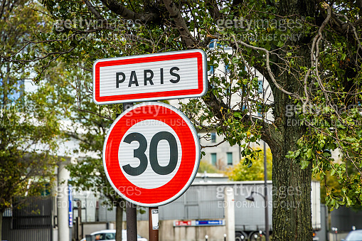 Paris entrance traffic sign with a speed limit for cars of 30 ...