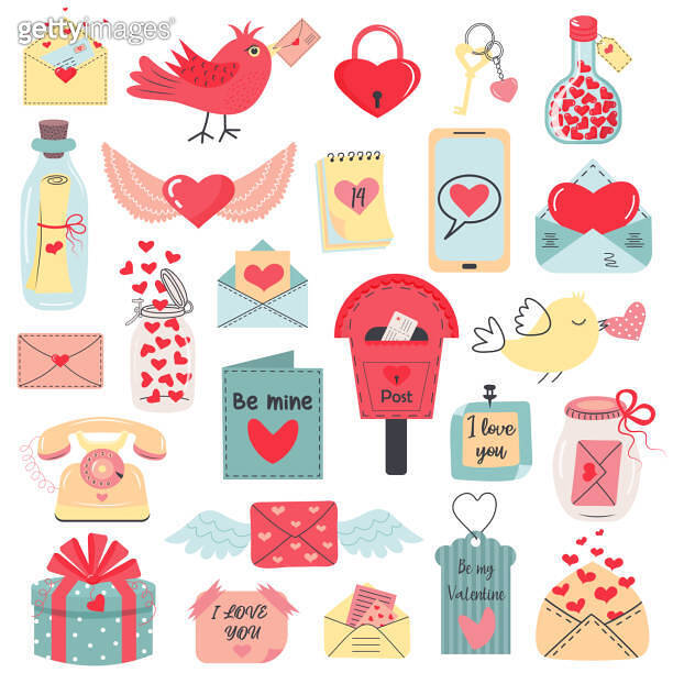 Love post office, messages, mail set. Saint Valentine's Day romantic ...