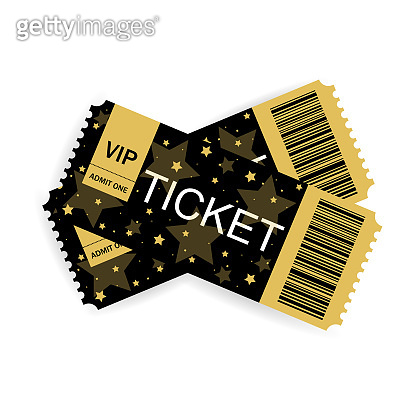 Two golden VIP tickets, modern realistic design with golden stars ...