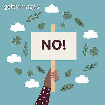 Vector cartoon illustration of human hand holding NO! sign banner ...