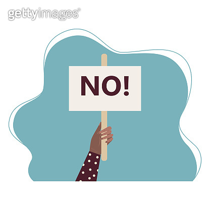 Vector cartoon illustration of human hand holding NO! sign banner ...