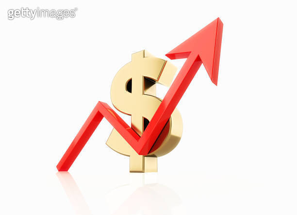 Red Arrow And Gold Colored Dollar Sign Sitting Over White Background ...