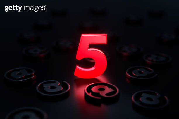 Red Number Five Glowing Amid Black At Symbols On Black Background 이미지 ...