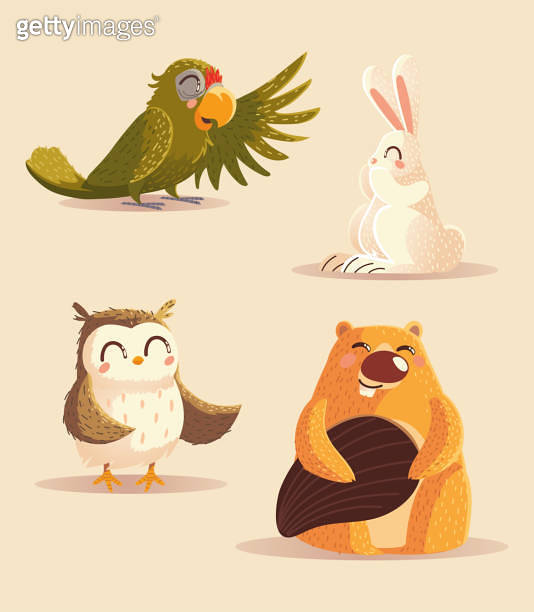 cartoon animals parrot owl rabbit and beaver icons (1294726558) - 게티이미지뱅크