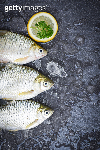 Silver Barb fish on ice, Java Barb Carp Fish on market food with herb ...