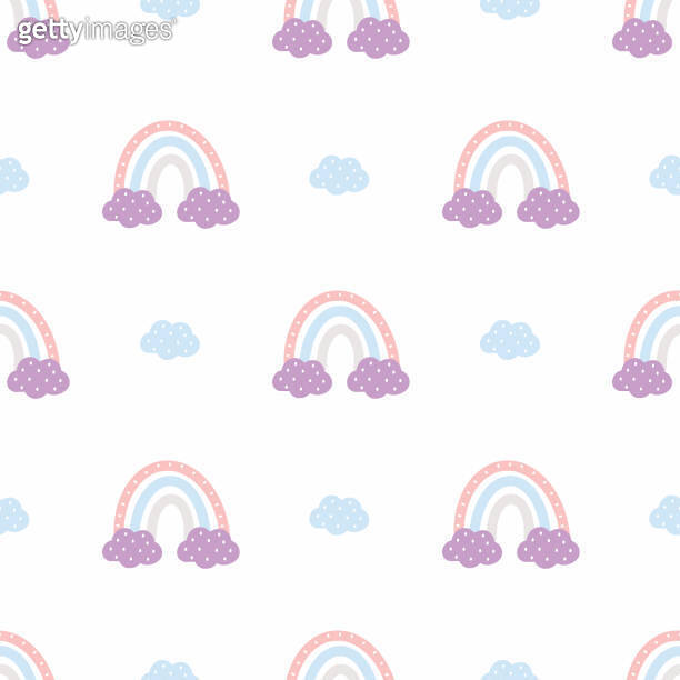 Seamless background with cute rainbow in style of hand drawing. Vector ...