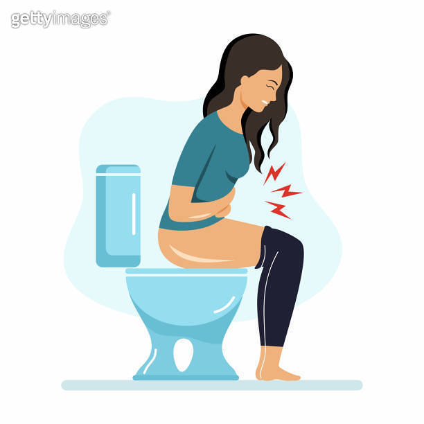 Girl is experiencing abdominal pain. Woman is sitting in toilet ...