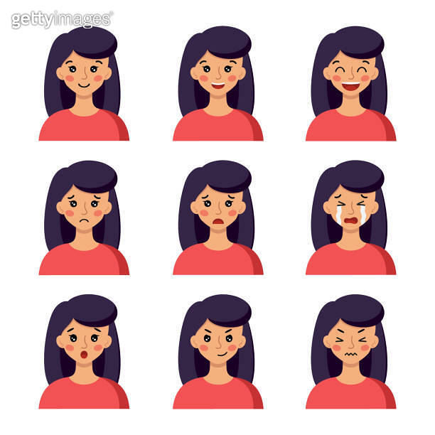 A girl's face with different emotions: fun, laughter, anger, resentment ...