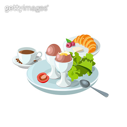 Sample breakfast plate with boiled eggs, croissant and coffee. Classic ...