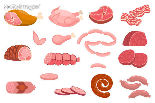 Cartoon fresh raw meat in flat style. Chicken and bacon, steak and ...