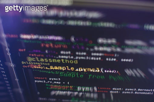 Programming code screen of software developer. Software Programming Work Time. Code text written ...