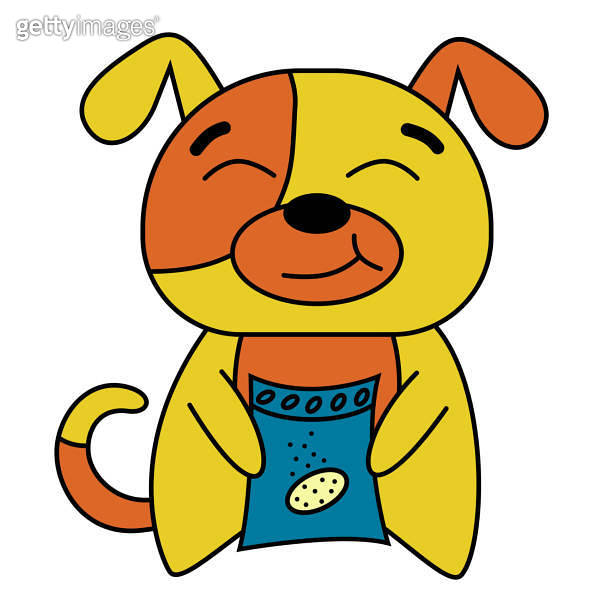 Cartoon dog sticker. Dog chewing dry food from package, cute mascot ...