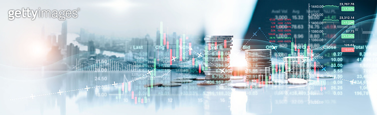 Stock exchange market graph chart and stack of money coins with trading ...