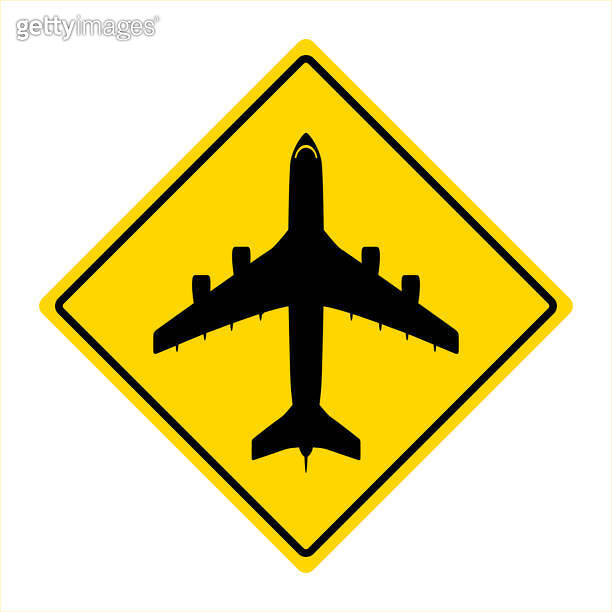 Airplane landing and take-off area warning sign, vector design. Yellow ...