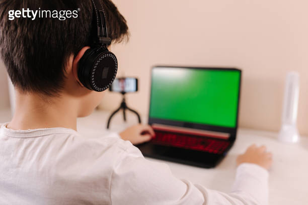 Back view of young boy play game on laptop. Green screen. Steamer in ...