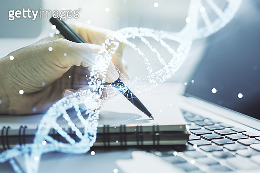 Creative concept with DNA symbol illustration and hand writing in ...