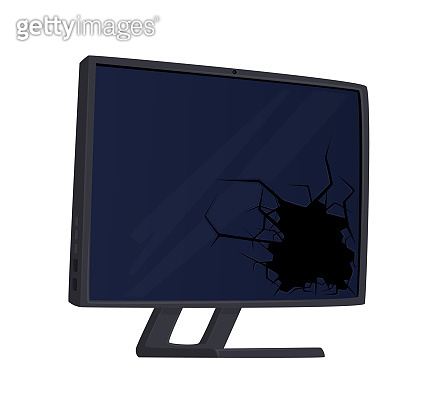 Broken Computer Monitor with Hole and Cracks on Screen Isolated on ...
