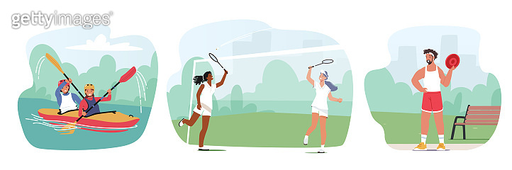 Outdoor Games Set. Young Healthy People Summertime Recreation, Kayaking ...