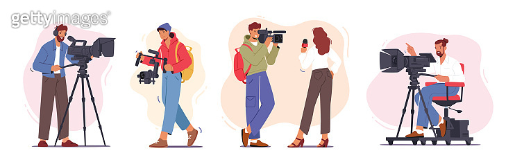 Set of Professional Videographer and Journalist Characters Record Video ...