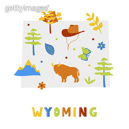 USA map collection. State symbols on gray state silhouette - Wyoming ...